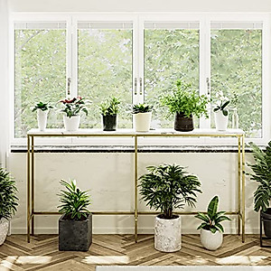 SONGXIN 63 Inch Console Table with Power Outlet,Modern Narrow Long Sofa Table Behind Couch,Skinny Entry Table with Gold Metal Frame for Entryway,Living Room, Hallway,Marble White