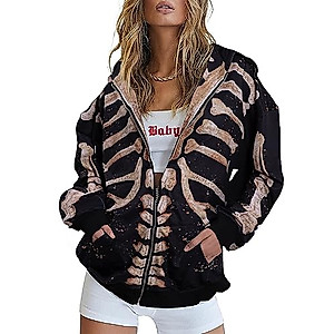 ASTANFY Skeleton Oversized Zip Up Hoodie Women Halloween Skull Sweashirt Y2k Skull Sweashirt Fall Streetwears Pullover Tops