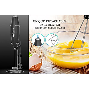 ElitaPro ULTRA-HIGH-SPEED 19,000 RPM, Milk Frother DOUBLE WHISK, Unique Detachable EGG BEATER and STAND For quick preparation (Black)