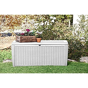Keter Sumatra 135 Gallon Resin Rattan Look Outdoor Deck Box for Patio Furniture Cushions, Garden Tools, Toys, and Pool Storage