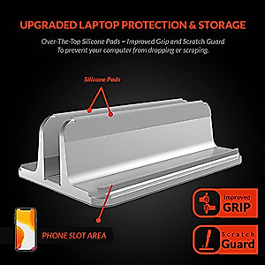 Vertical Laptop Stand with New Smart Phone Slot; Solid Upright MacBook Storage Saves Desk Space; Strong Aluminum Adjustable Rack with Powerful, Never Fail Hold