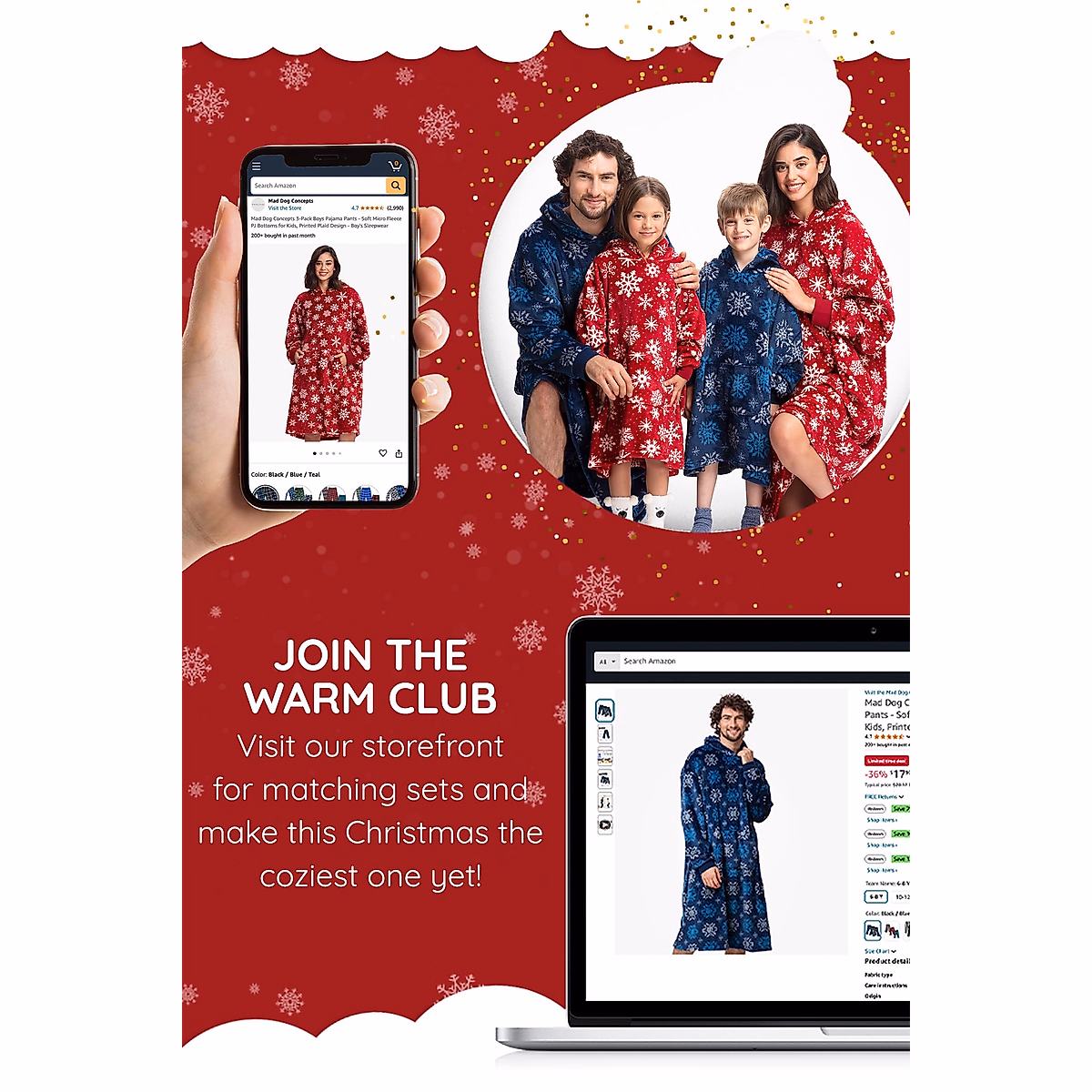 Mad Dog Wearable Fleece Blanket Hoodie, Christmas Matching Family Sets with Long Sleeves for Adults Girls & Boys Xmas Poncho, Kids, Blue Print, 8-13 Years