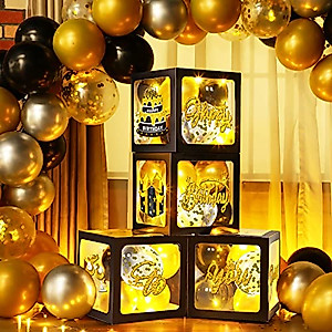 51 Pcs Gold and Black Party Decorations Kit Birthday Balloon Boxes with Balloons and LED Light Strings Gold and Black Birthday Backdrop Photo Props for Men Women Birthday Party Supply Balloon Arch Kit
