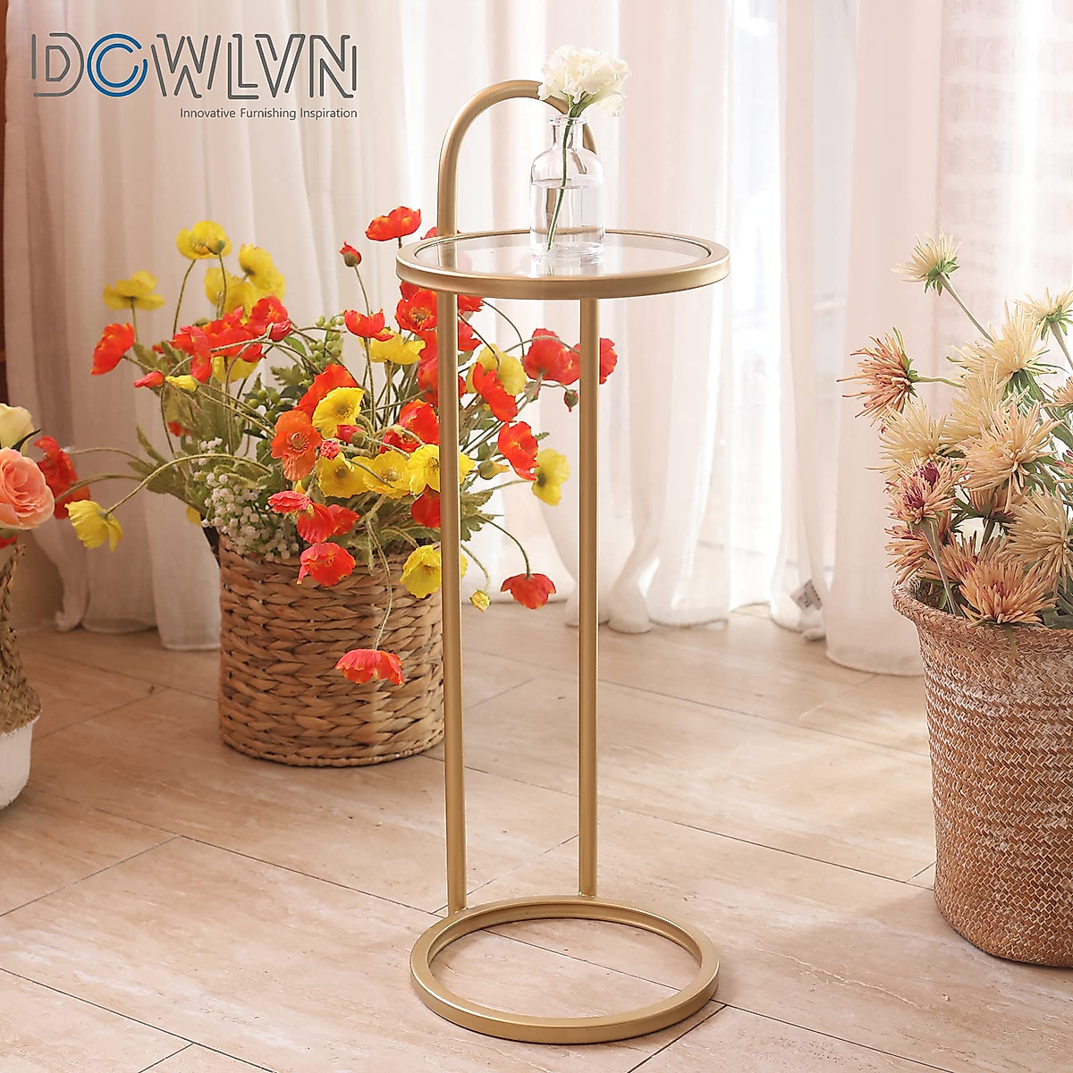 Gold Glass Small Drink Snack Accent Martini Table, C Shaped Side End Table, No-Assembly, 10" D x 28.5" H