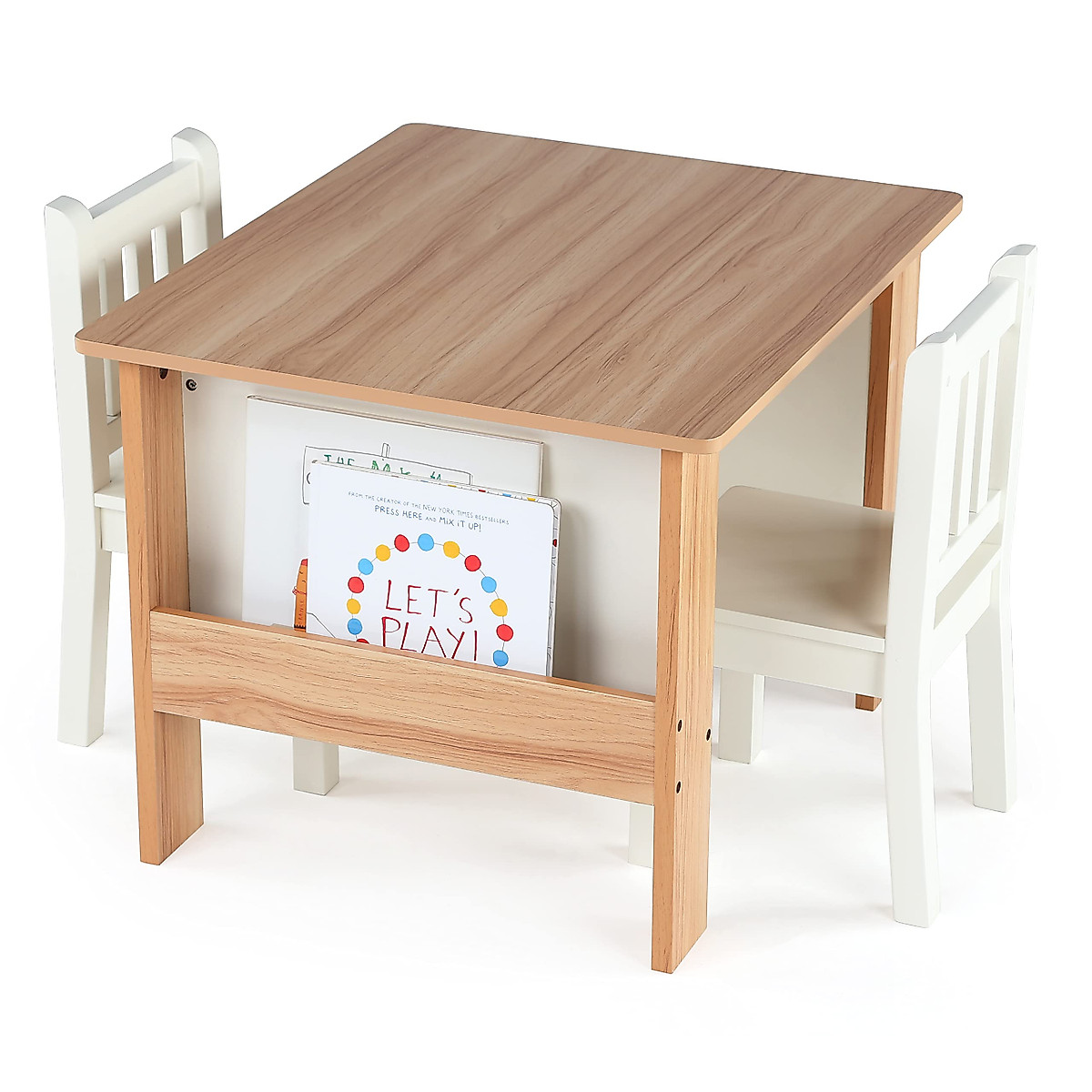 Humble Crew, Natural/White Wood Table Set with Book Storage, 2 Chairs-Toddler