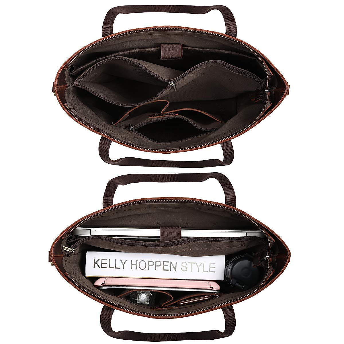 S-ZONE Vintage Genuine Leather Shoulder Tote Bag for Women Purse Handbag with Back Zipper Pocket (Dark Brown)