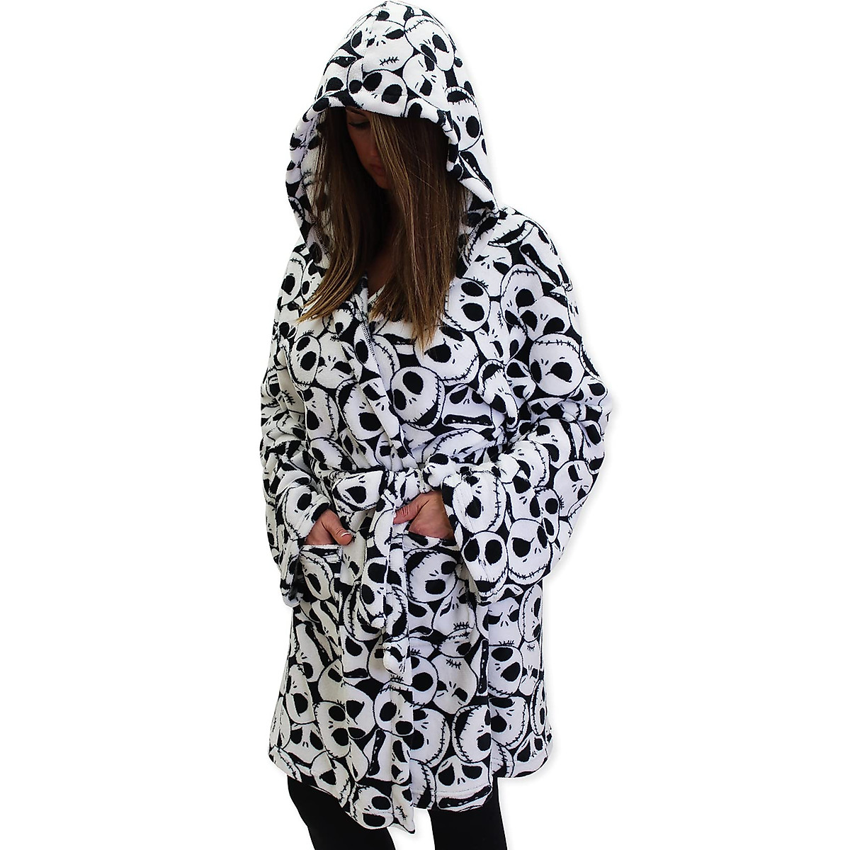 The Nightmare Before Christmas Jack Skellington Adult Plush Hooded Fleece Robe (Small/Medium, White)