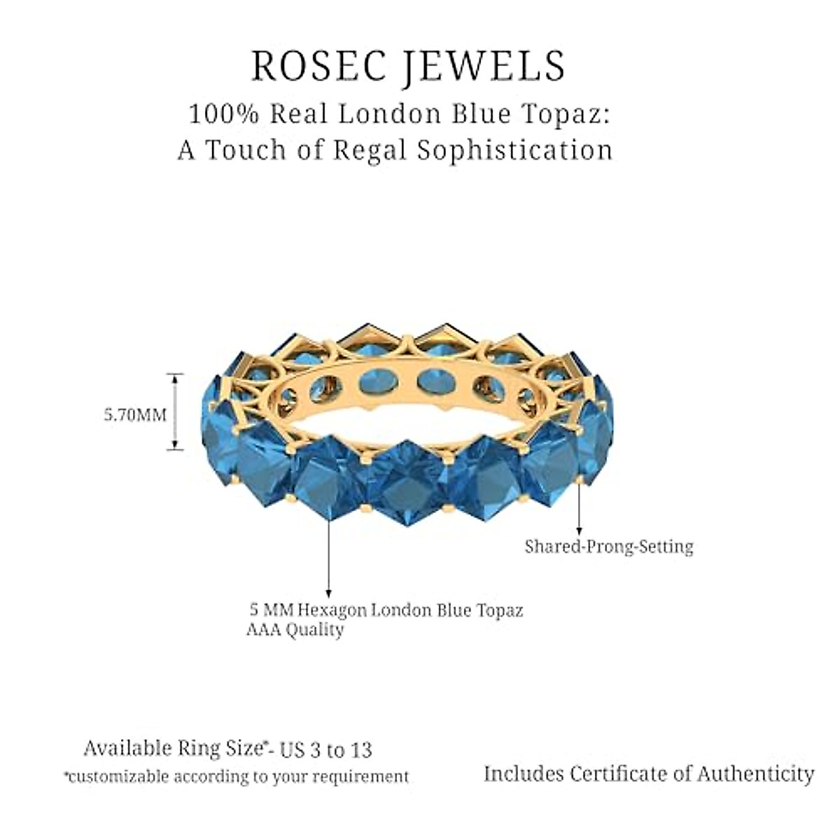 Rosec Jewels Natural London Blue Topaz Eternity Band for Women, AAA Quality, Certified Topaz Anniversary Ring - Ready to Gift, 14K Yellow Gold, Size:US 8.50