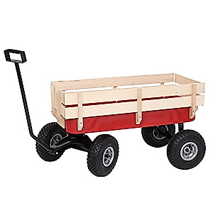 Red and White Garden Wagon Cart,Gorilla Cart,Wheelbarrow,Beach Wagon with Big Wheels for Sand,Utility Garden Iron Wood Four Wheel Garden Wagon for Outdoor Camping,Nurseries,Greenhouse