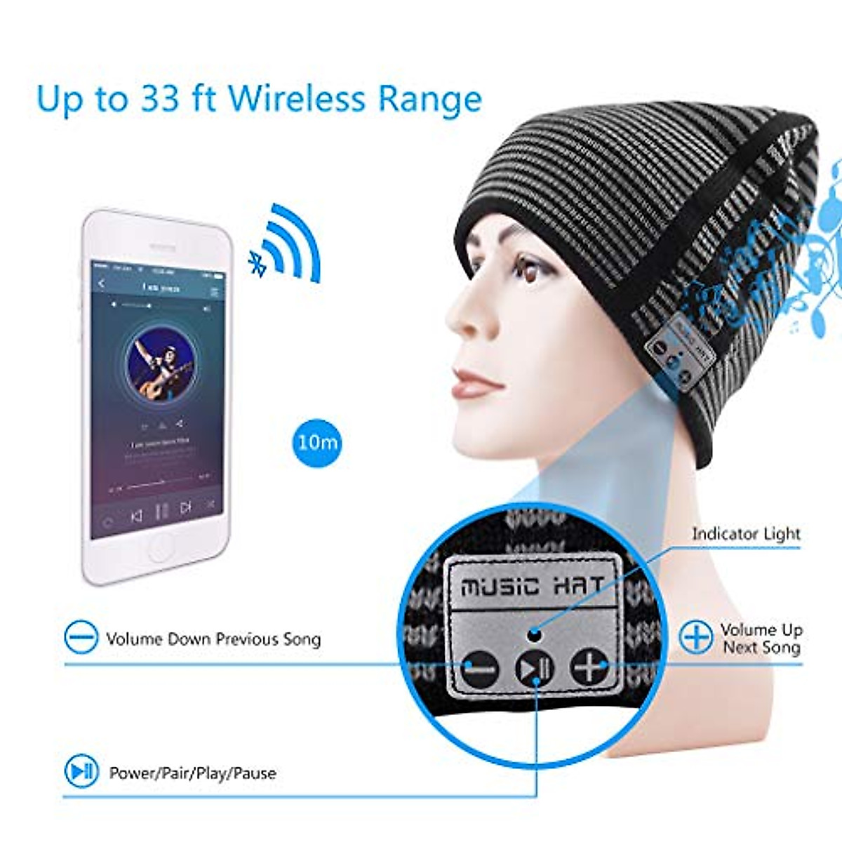HaetFire Wireless Music Beanie Hat with Bluetooth Headphones Earphone Winter Warm Knit Running Cap Speakers Mic for Men Women Outdoor Fitness (Stripe)