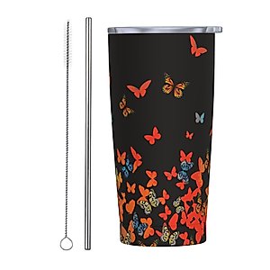 JASROTAO Colored Butterflies Tumbler,Butterflies 20oz Stainless Steel Insulated Travel Tumbler,Travel Coffee Mug with Lid and Straw Water Bottle Drink Tumbler Cups Gifts for Women Men