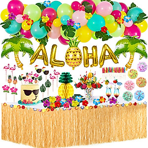 Golray Tropical Luau Party Decorations Hawaiian Summer Beach Pool Birthday Supplies, Grass Table Skirt Aloha Balloon Arch & Pineapple Flamingo Umbrella Cupcake Toppers Straws Palm Tree Leaves Hibiscus