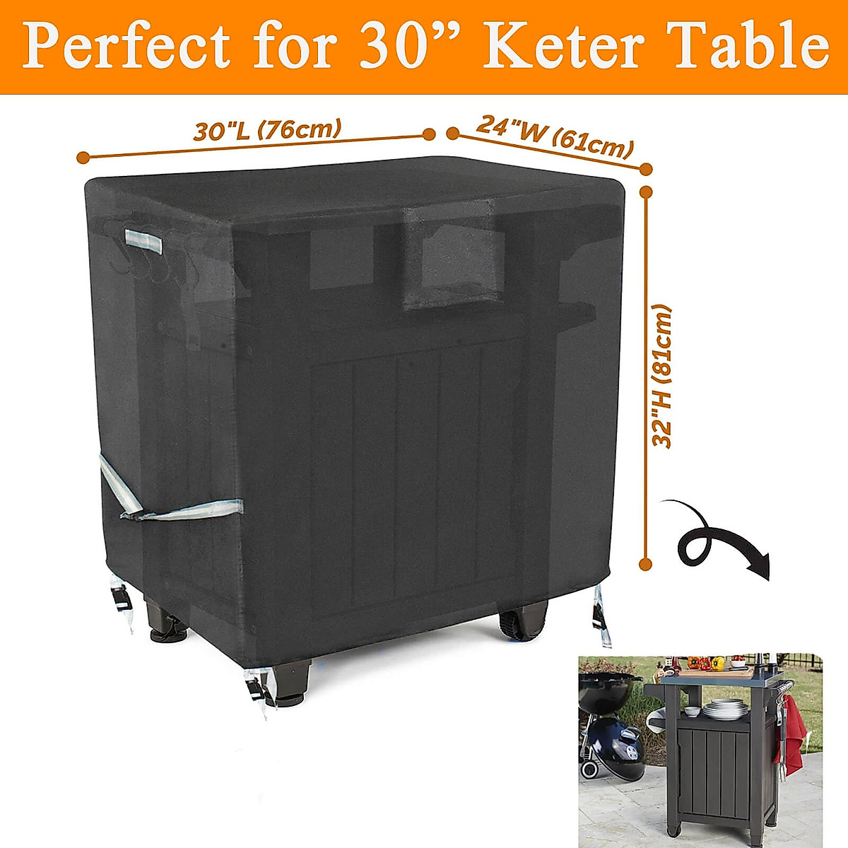 Outdoor Prep Table Cover-30" x 24" x 32" Heavy Duty Waterproof Grill Cover for Keter Unity Small Portable Table,Patio Kitchen Prep/Work Table, UV Resistant Outside BBQ Bar Cart Cooking Station Cover