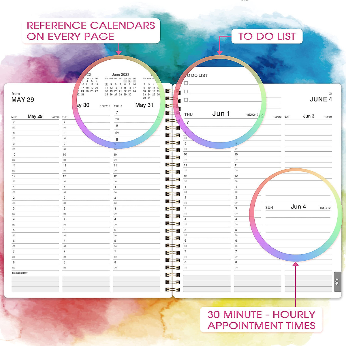 Appointment Book 2022-2023 - 2022-2023 Daily Hourly Planner, 8" x 10", July. 2022 - June. 2023, with 30-Minute Interval + Thick Paper + Round Corner + Twin-Wire Binding - Watercolor Ink