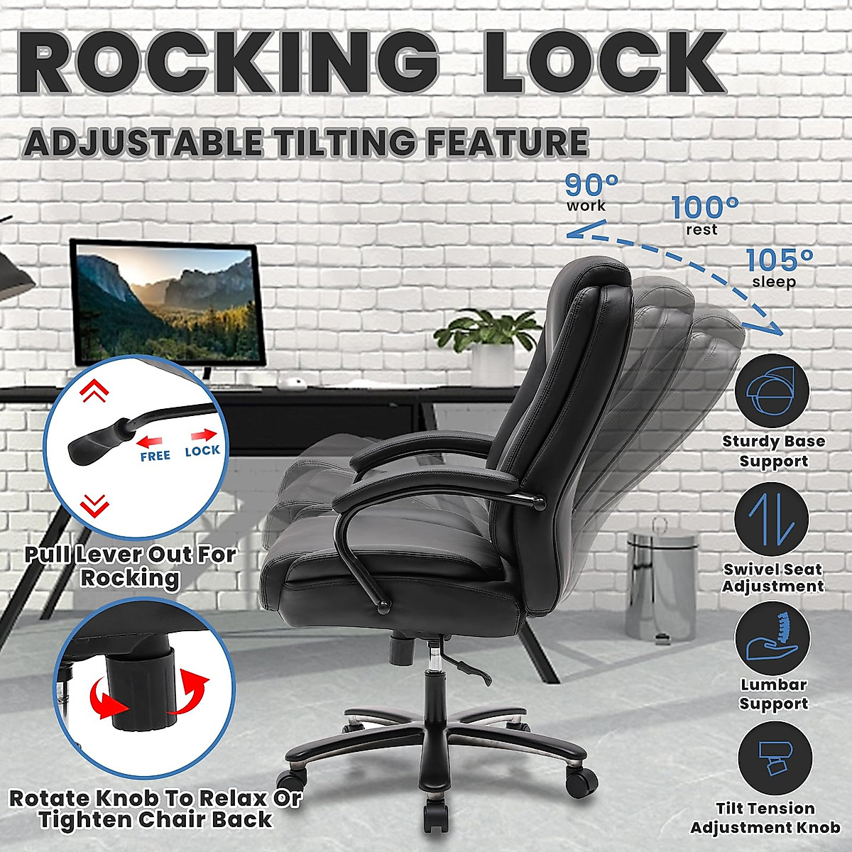 H HAILIBO Office Chair, High Back Big and Tall 400lbs Executive Desk Chair, Bonded Leather Ergonomic Computer Chair with Armrest, Adjustable Height and Swivel Wheels, Black