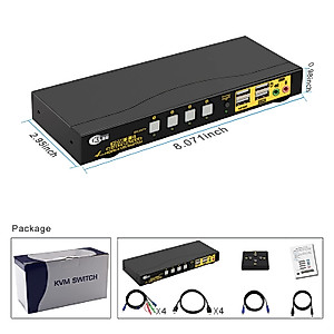 CKLau 4 Port KVM HDMI Switch with Audio, Microphone, 2 USB 2.0 Hub and Cables Support Wireles Keyboard Mouse Resolution Up to 4Kx2K@60Hz 4:4:4