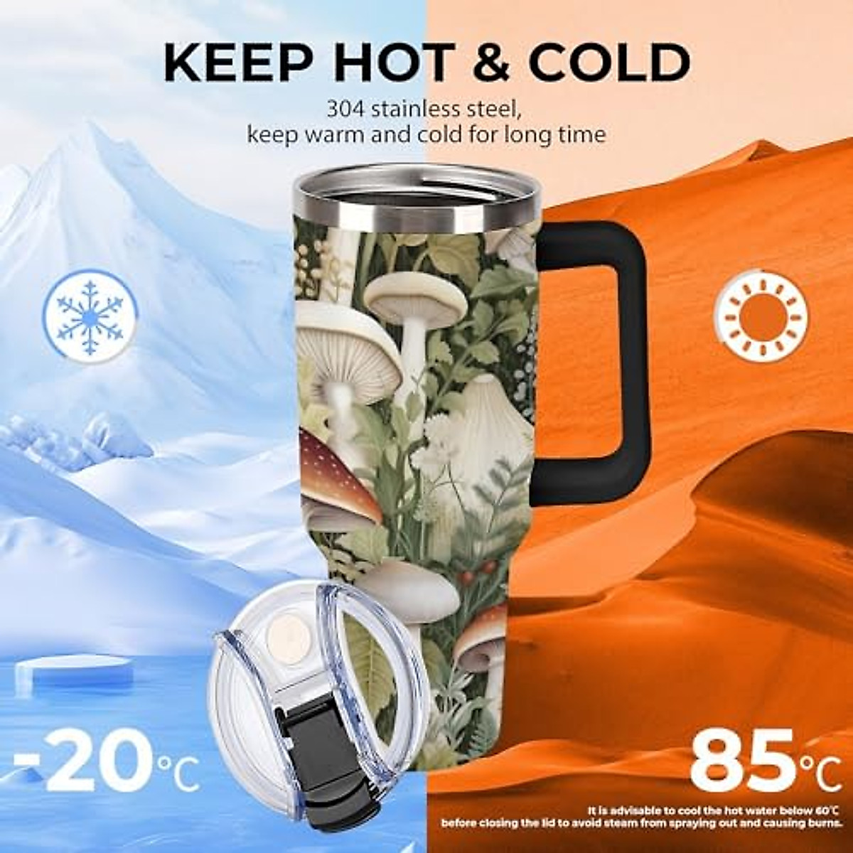 40 Oz Mushroom Plant Insulated Stainless Steel Tumbler with Handle & Straw Lid, Reusable Travel Cupholder Friendly Mug for Coffee, Water, Tea