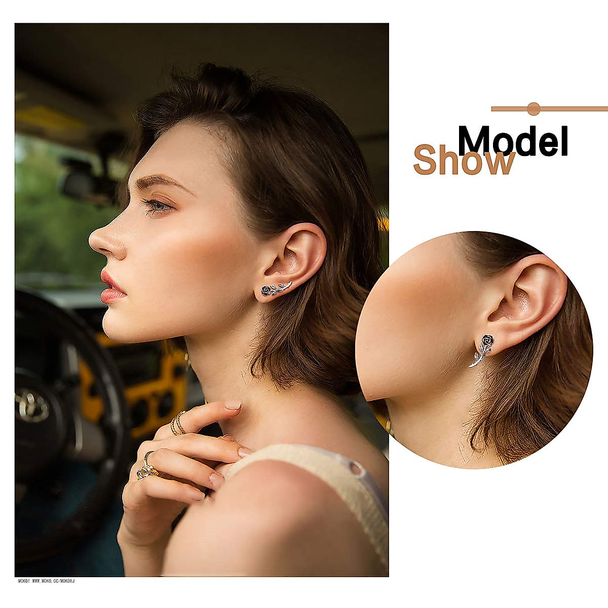 S925 Sterling Silver Rose Flower Clip Stud Ear Cuffs Crawler Climber Earrings for Women Teen