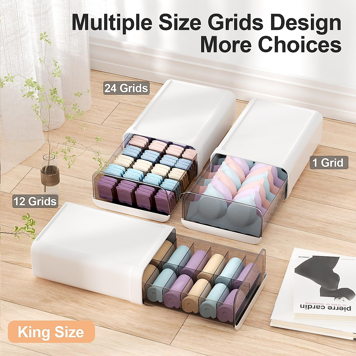 Miaocona Underwear Organizer Drawer, 24 Cells Plastic Sock Underwear Storage Drawer, Stackable Closet Organizers and Storage Box for Bras, Socks, Scarves, Ties, Belt (King Size-White, 1 Pcs)