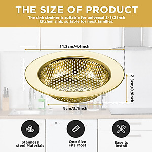 Retisee 2 Pcs Kitchen Sink Drain Strainer Kitchen Sink Stopper Kit Basket Stainless Steel Sink Filter Anti Clogging Sink Plug for Standard 3 1/2 Inch Kitchen Sink Garbage Disposal (Gold)