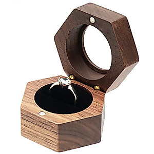 COSISO Hexagon Wooden Ring Gift Box Case for Proposal Engagement,Single Ring Holder Storage Box Jewelry Display (Black Inner)