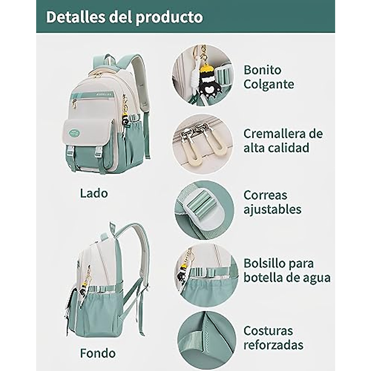 ooibnn Kawaii Backpack With Cute Accessories Spine Protection Anti-thief Cute Aesthetic Book Bag (Mint Green)