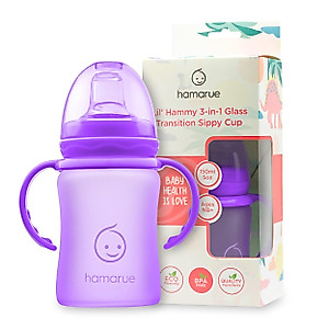 Hamarue 3-in-1 Glass Sippy Cups for Toddlers | Silicone Coated Glass Baby Bottles | Non-Toxic Transition Cup for Baby with Removeable Handles | Baby Straw Cup NB+,3M,6M,12M (Purple, 5 oz)