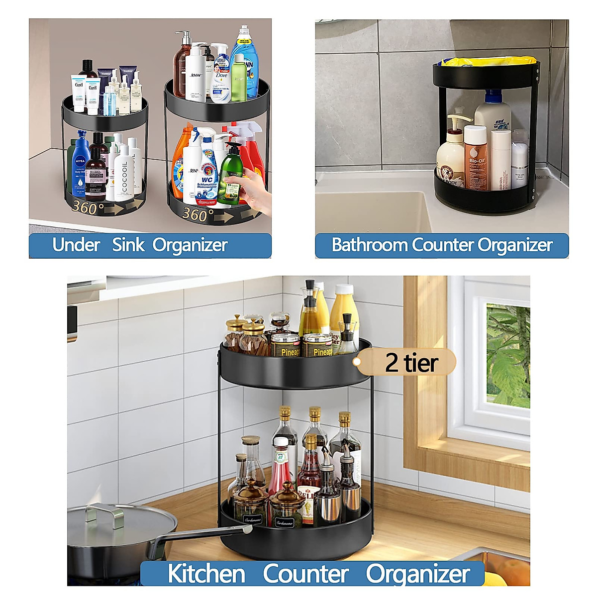 trlry 2 Pack Under Sink Organizer And Storage,2 Tier Under Bathroom Sink Organizers and Storage,Kitchen Sink Organizer,Lazy Susan Turntable for Cabinet,Turntable Organizer,Under Cabinet Storage