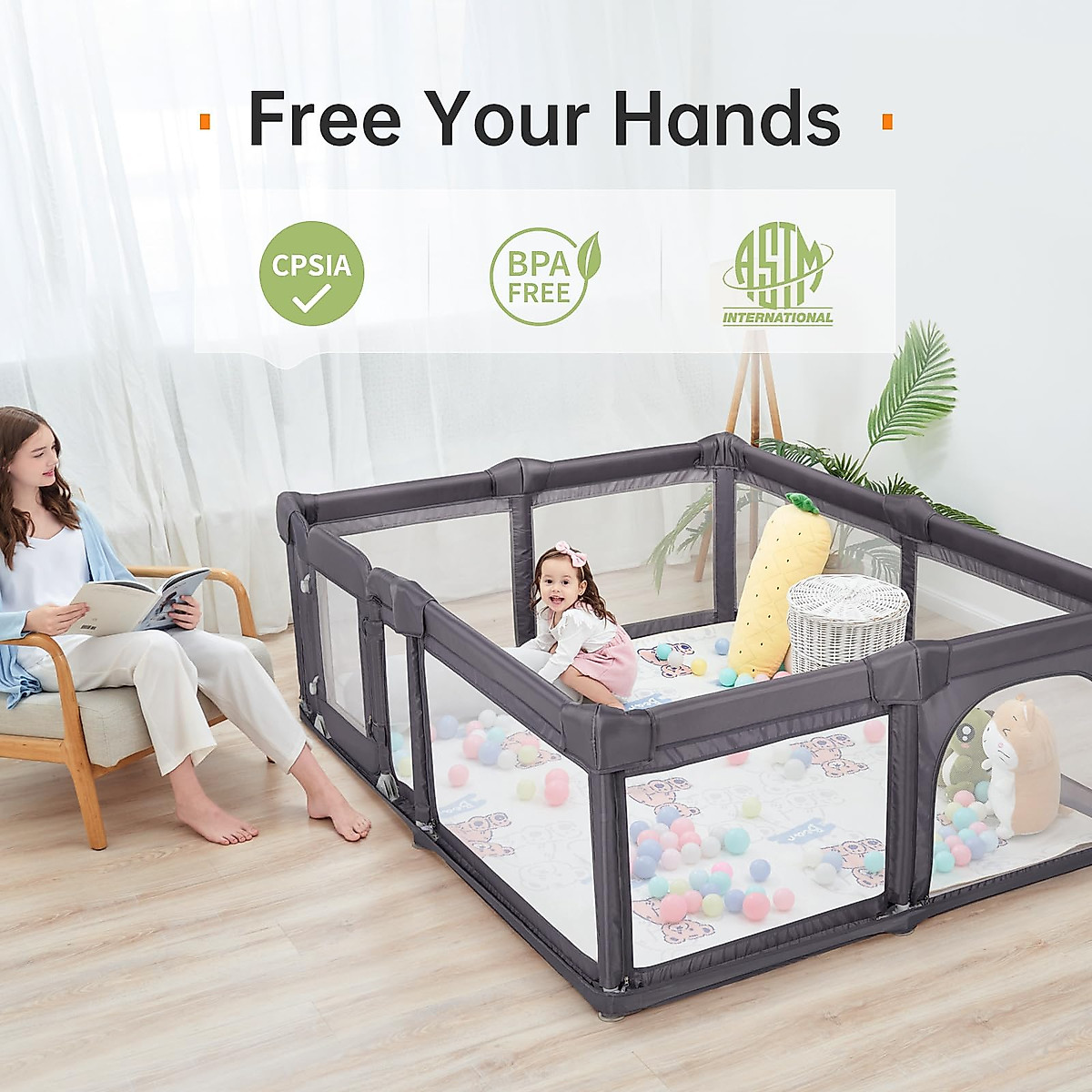 Baby Playpen,79"x59" Foldable Baby Playpen for Babies and Toddlers with Gate,Large Baby Play Pens with Zipper Door,Baby Play Yards Play Area (Deep Grey)