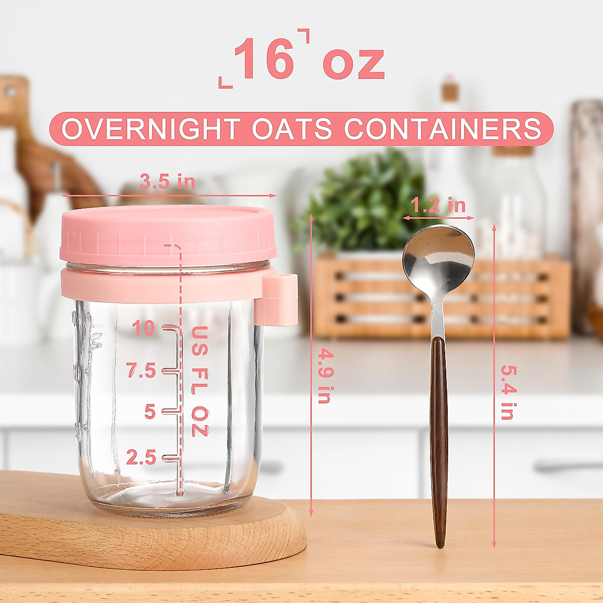 KAIZHOUZHOU 16oz Glass Mason Overnight Oats Jars, Cereal, Yogurt, Salad Lunch,Glass Overnight Oats Containers with Lids and Spoon, Container with Measurement Marks -(Yellow&Pink&White&Gray-4Pcs)