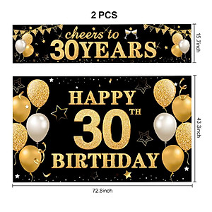 2Pcs 30th Birthday Banner Backdrop Decorations for Men Women, Black Gold Happy 30th Birthday Cheers to 30 Years Yard Banner Sign Party Supplies, Thirty Year Old Birthday Decor for Indoor Outdoor