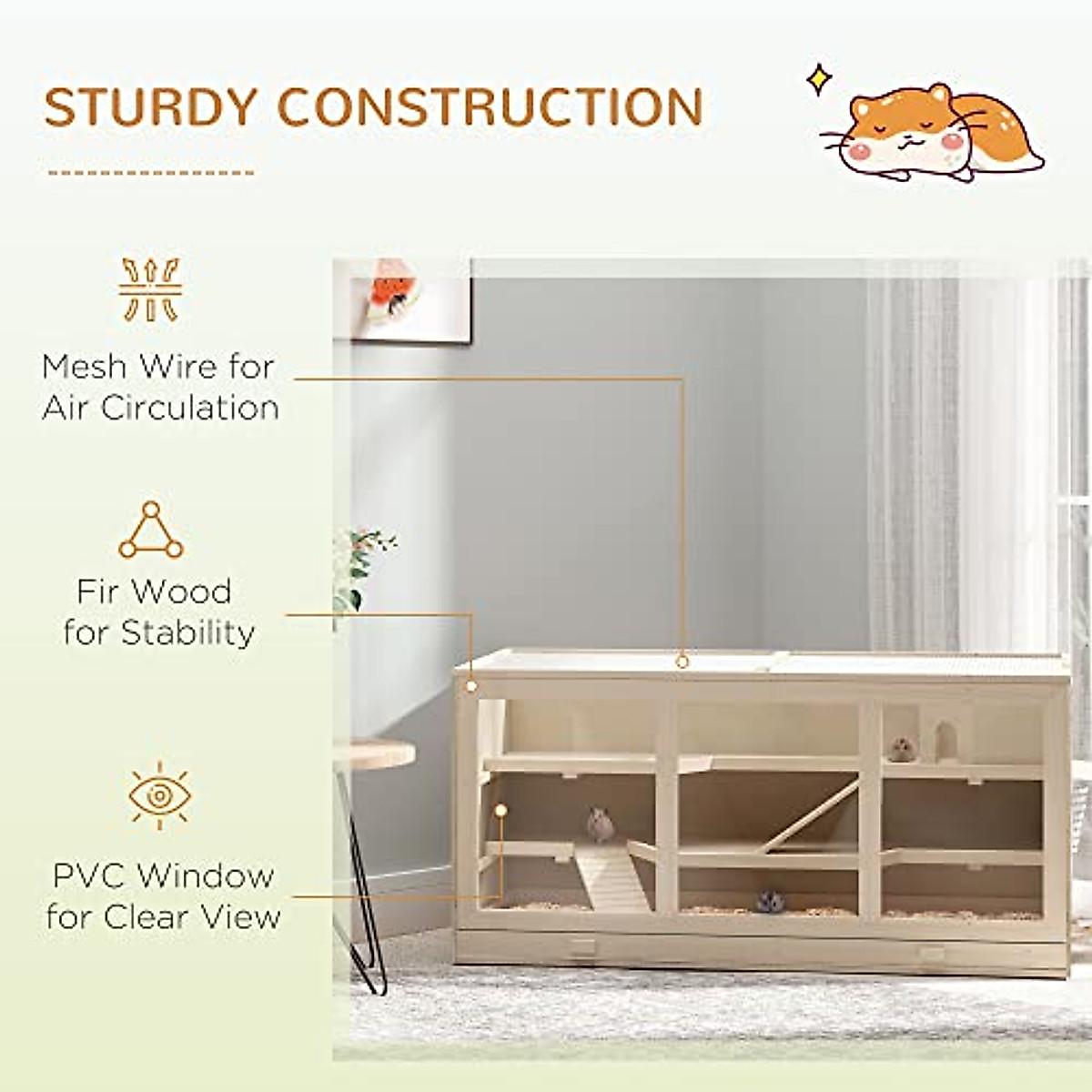 PawHut Extra Large Wooden Hamster Cage, Gerbil Cage, and Other Small Animal Habitat, Hamster Habitat with Opening Roof, Hut, Ramps