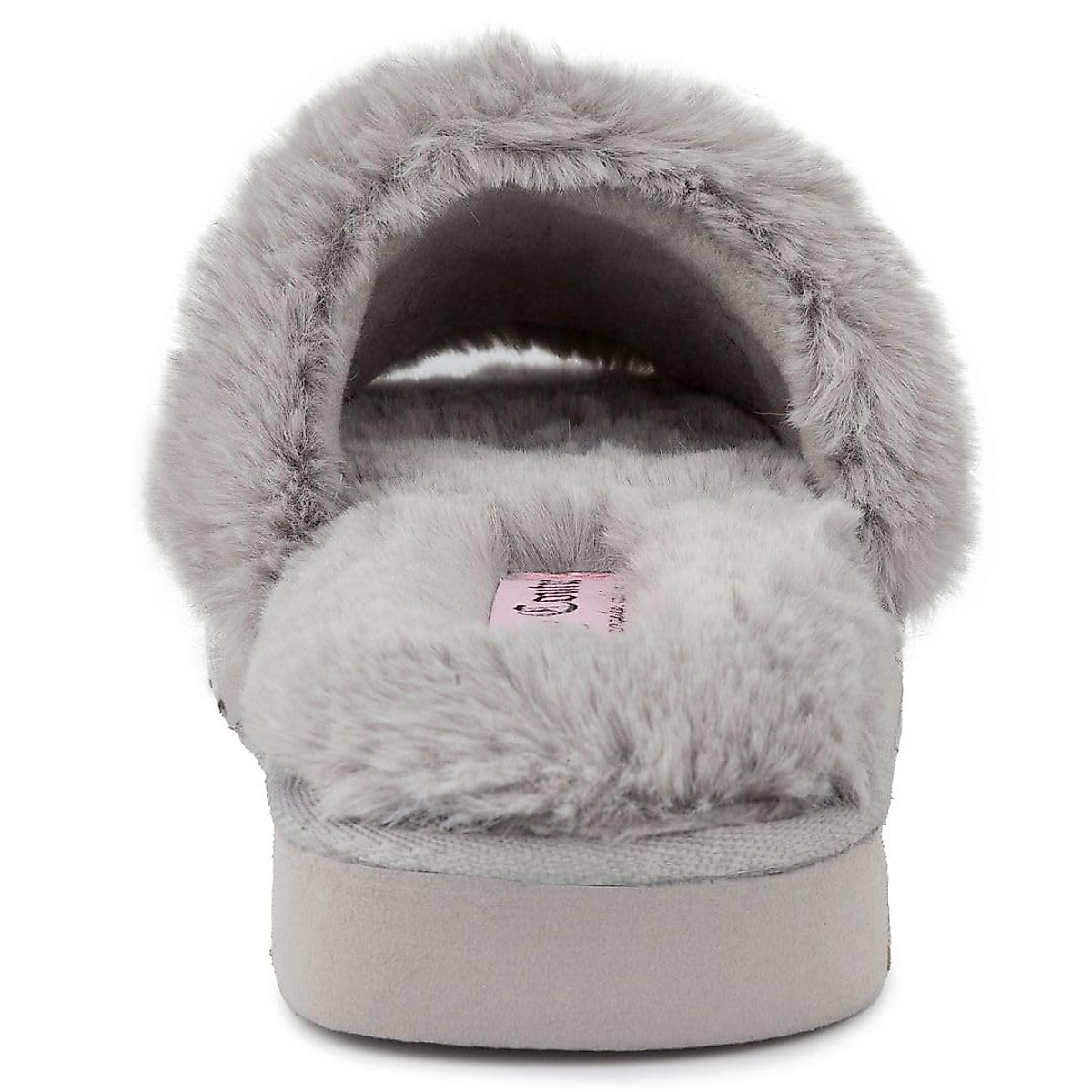 Juicy Couture Women's Luxe Faux Fur Slide Slippers with Embellished Strap, Cozy Indoor/Outdoor Fuzzy Slip-On Sandals, Halo - Grey, Size 9