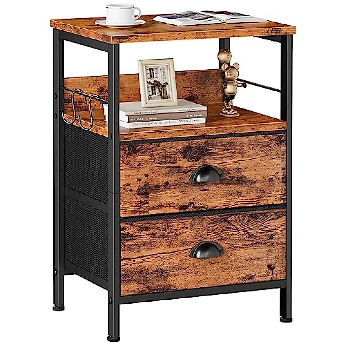 Furologee Nightstand with 2 Fabric Drawers, Bedside Table, End Table with Open Wood Shelf, Side Sofa Table with 2 Hooks for Bedroom/Living Room/Study/Halway/Rustic Brown