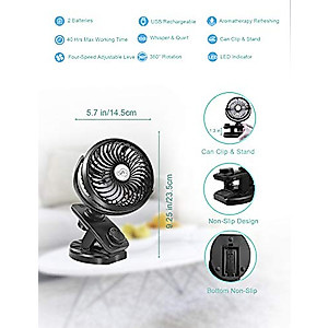 YXwin Stroller Fans Mini USB Desk Clip on Fan, Table Fan 40 Hours(Max) 360° Rotation 5000mAH Rechargeable Battery Operated 4 Speed Quiet Fan for Outdoor/Indoor Baby Car Travel Office Camping Library