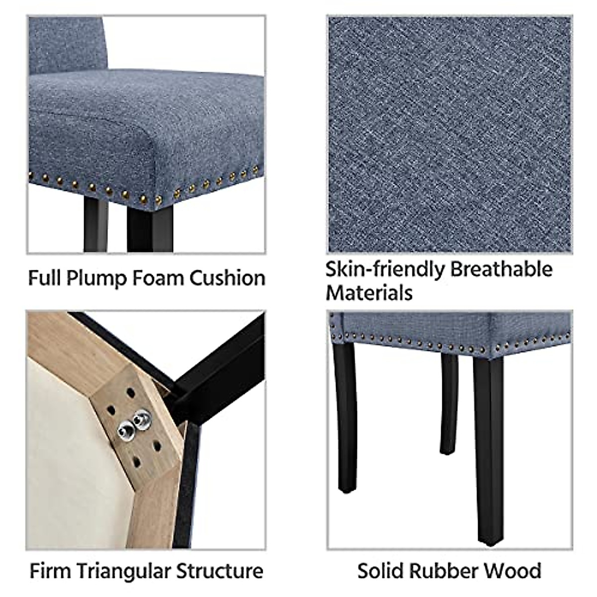 Topeakmart Dining Chair Fabric Upholstered Side Chair with Nailhead Trim and Solid Wood Legs for Home Kitchen and Restaurant, 2PCS, Blue