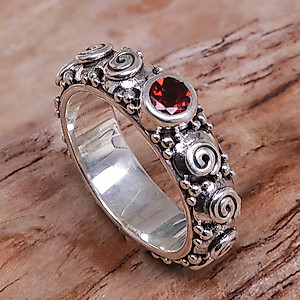 NOVICA Artisan Handmade Garnet Singlestone Ring Sterling Silver from Indonesia Red Birthstone [crownbezel 0.2 in H x 0.2 in Diam. Band Width 6 mm W] ' Swirls of Joy in Red'