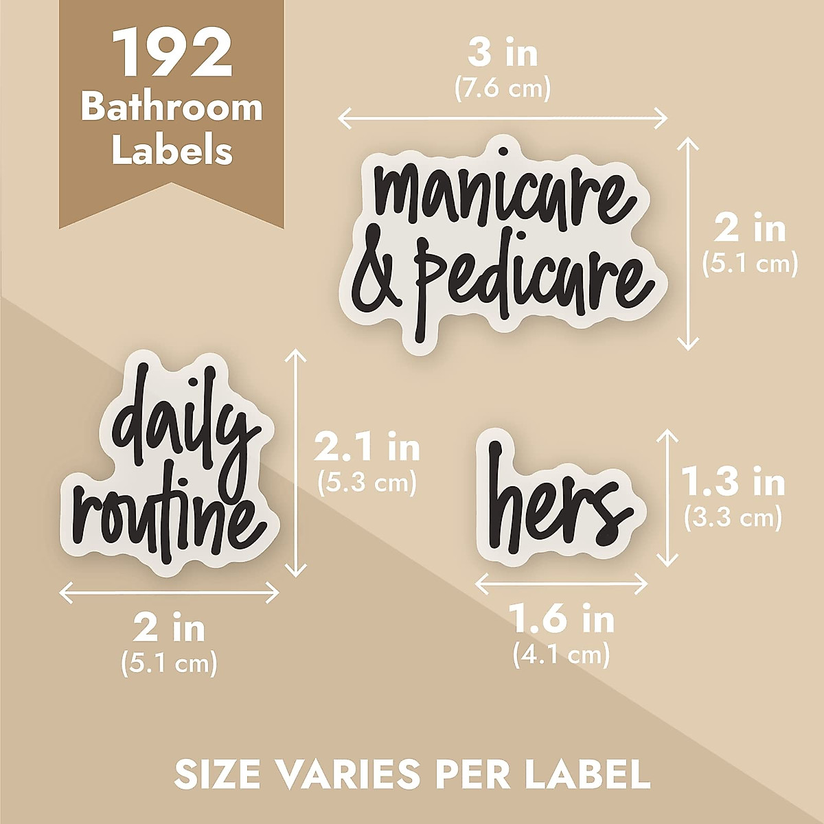 Talented Kitchen 192 Preprinted Bathroom Labels for Containers - Black Script Stickers for Organizer Bins, Bath, Beauty Canisters, and Makeup Storage Organization (Water Resistant)