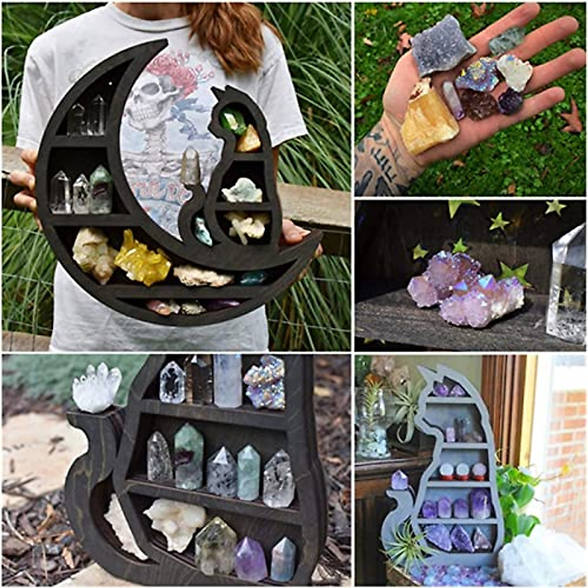 Alapaste Moon Shelf Room Decor,Cat in The Moon Crystal Shelf,Wooden Crystal Shelf Jewelry Holder,Wall Mounted Floating Shelves,Reversible Essential Oil Shelf for Living Room,Dinning Room,Bed Room