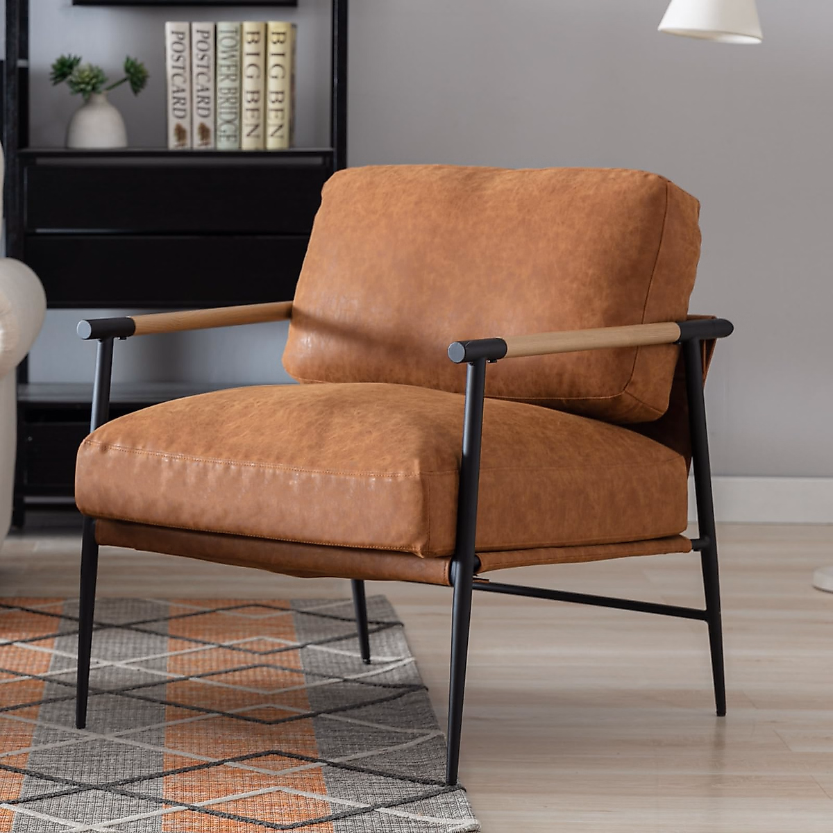 Ya-Home Mid-Century Accent Chair, Soft Armchair PU Leather Lounge Chair with Black Metal Legs, Upholstered Leisure Chair for Living Room Bedroom Reception Room, 1PC, Brown