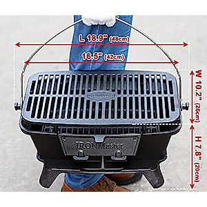 IronMaster CI-2020,Pre-Seasoned Large Cast Iron Charcoal Grill,Outdoor Camping Barbecue Cooking,BBQ Grill 2 Height Adjustment,Temperature Control & Charcoal Supply Ports,6+Servings