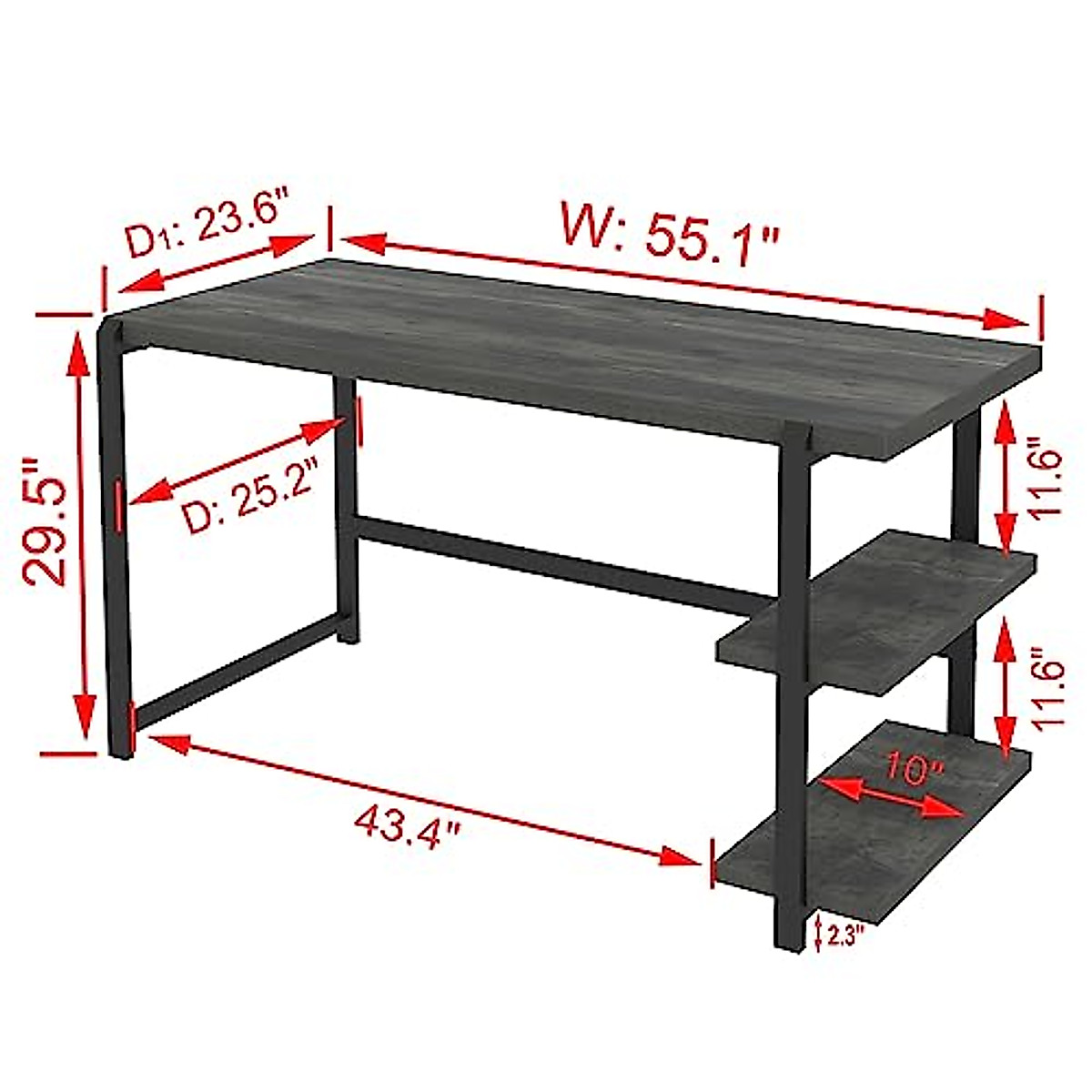 EXCEFUR Industrial Computer Desk with Shelves, 55 inch Rustic Wood and Metal Work Study Writing Table for Home Office, Grey