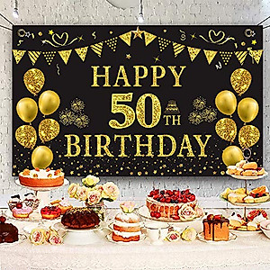 Trgowaul 50th Birthday Backdrop Gold and Black 5.9 X 3.6 Fts Happy Birthday Party Decorations Banner for Women Men Photography Supplies Background Happy Birthday Decoration