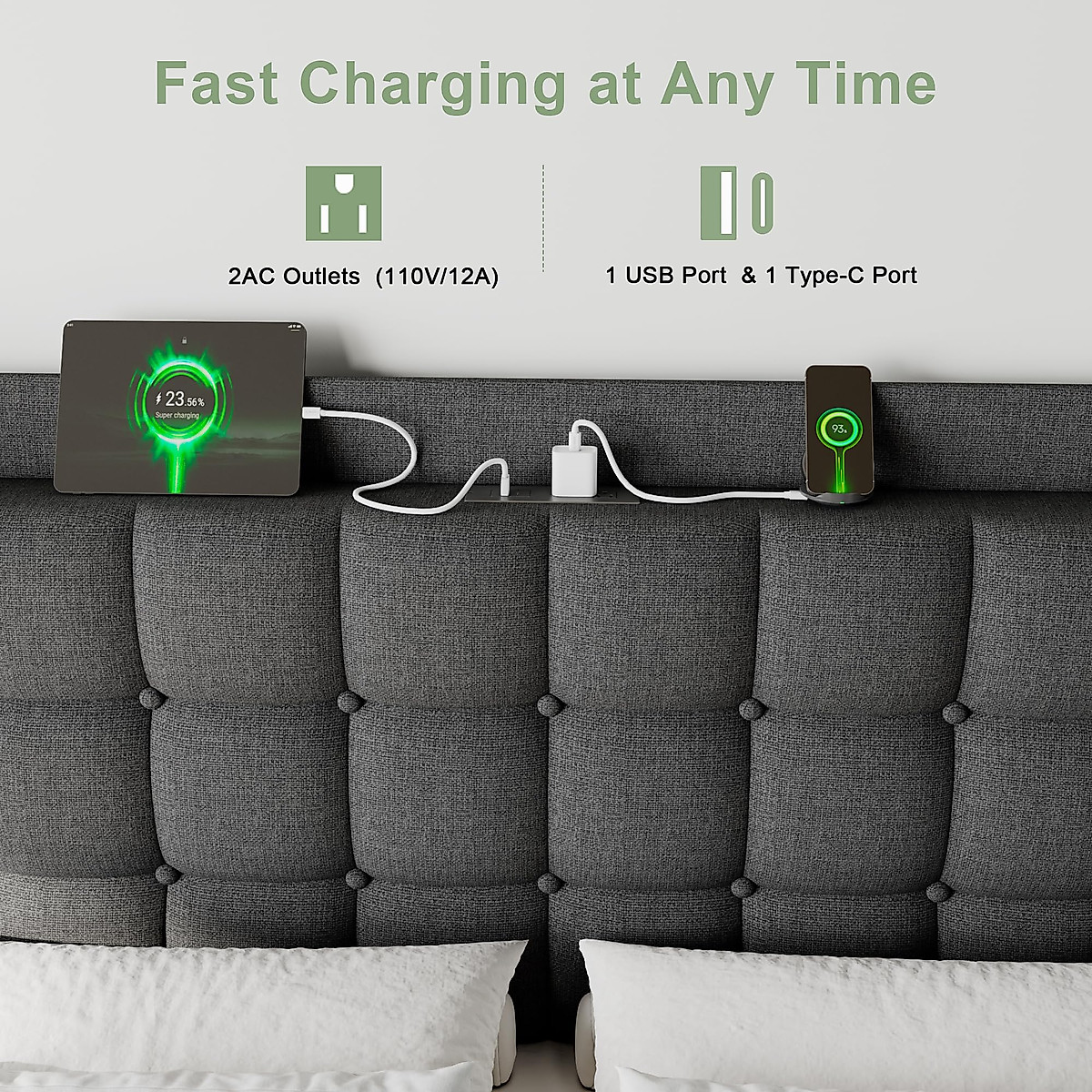 Feonase Queen Bed Frame with Charging Station, Upholstered Platform Bed Frame with Wingback Storage Headboard, No Box Spring Needed, Easy Assembly, Dark Grey