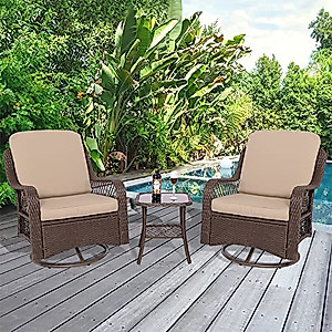 LEISU 3-Pieces Patio Swivel Wicker Bistro Furniture Set with Cushioned Patio Swivel Rocker Swivel Rocking Chairs Set Side Table Outdoor Rattan Conversation Sets (Beige)