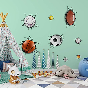 Supzone Sport Balls Wall Decals 3D Wall Stickers Break Through The Wall Removable Vinyl DIY Basketball Rugby Baseball Football Wall Decor Boys Playroom Bedroom Classroom Living Room