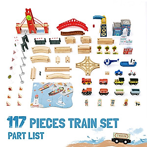 Giant bean 70PCS Wooden Train Set with Battery Locomotive Fits Thomas, Brio, Chuggington, Melissa Tracks, Expandable Toys for 3+ Years Old Girls & Boys