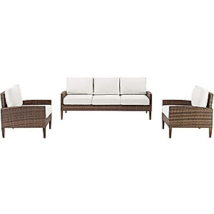 Crosley Furniture KO70193BR-CR Capella Outdoor Wicker 3-Piece Sofa Set (Sofa, 2 Armchairs), Brown with Creme Cushions