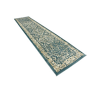 Unique Loom Oslo Collection Traditional Botanical Teal Runner Rug (3' x 13')