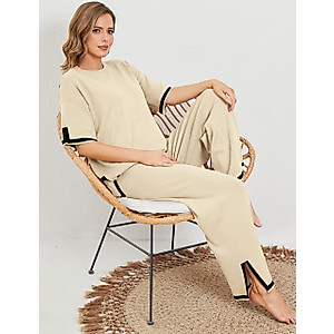 Faleave Womens Knit 2 Piece Sweater Sets Short Sleeve Pullover Tops Elastic Waist Wide Leg Pants Lounge Set(Apricot-M)